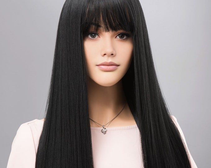 Black Wig With Bangs Silky Long Straight Hair Party Wig Cosplay Gothic ...