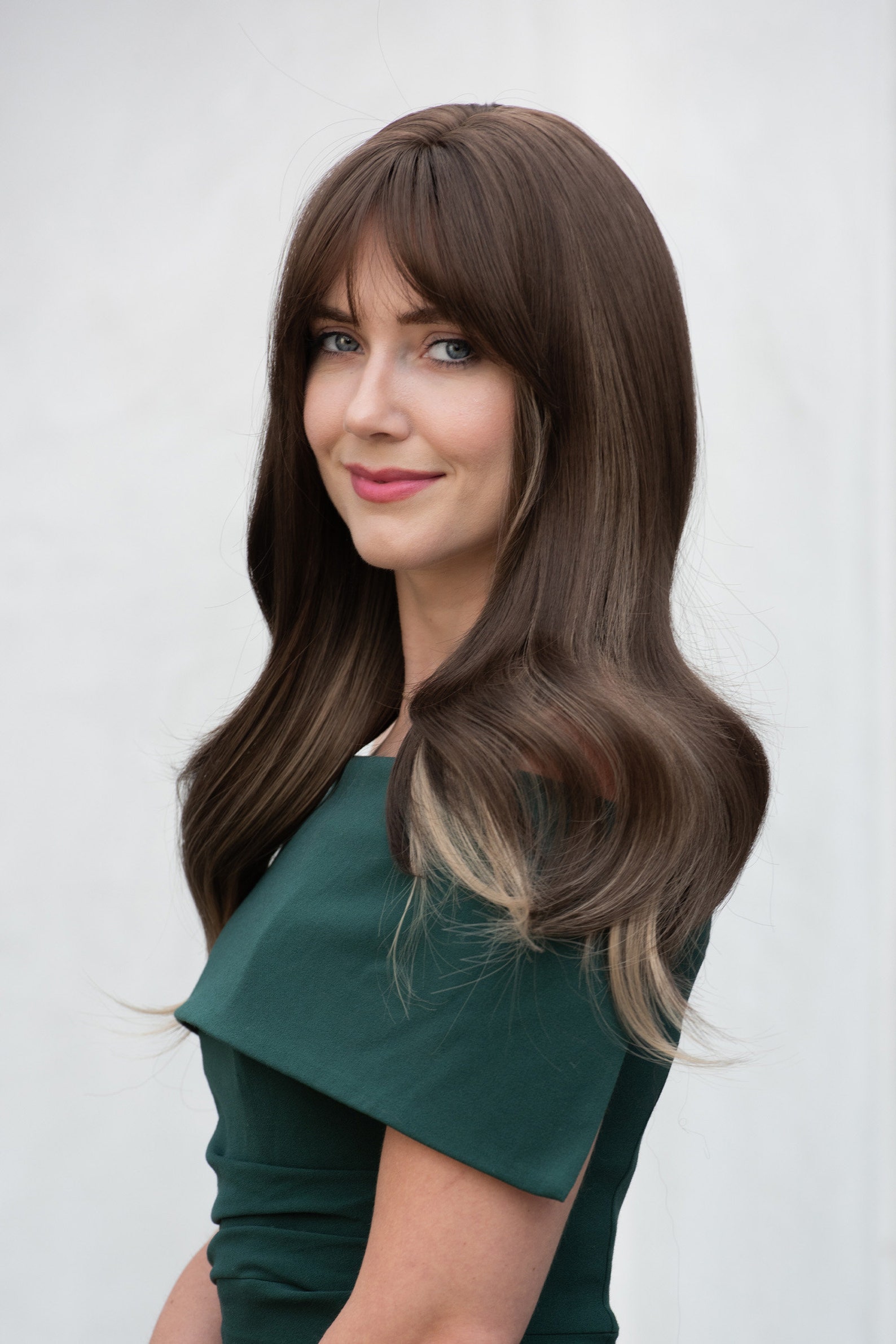 Brown Wig With Bangs Long Brown Hair Wig With Blonde Highlights ...