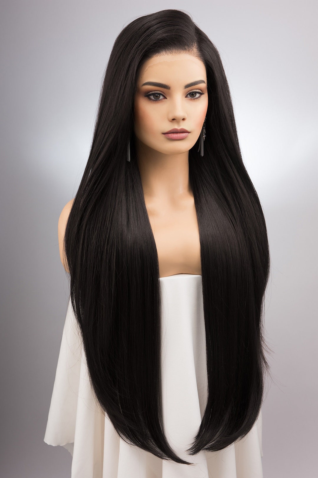 Natural Black Wig Long Straight Dark Brown Wig 13" X 6" Large Lace Top ...