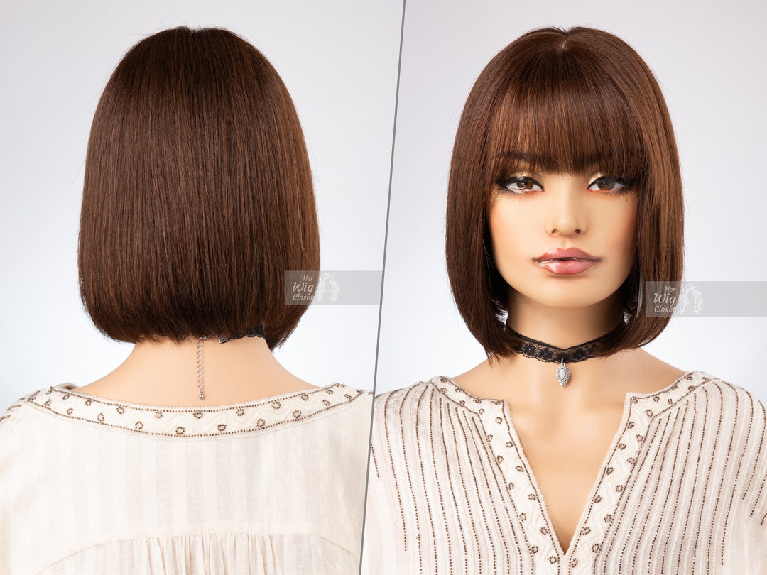 Real Human Hair Wig With Bangs Natural Brown Wig Brunette Human Hair Wig With Bangs Bob Cut Wig