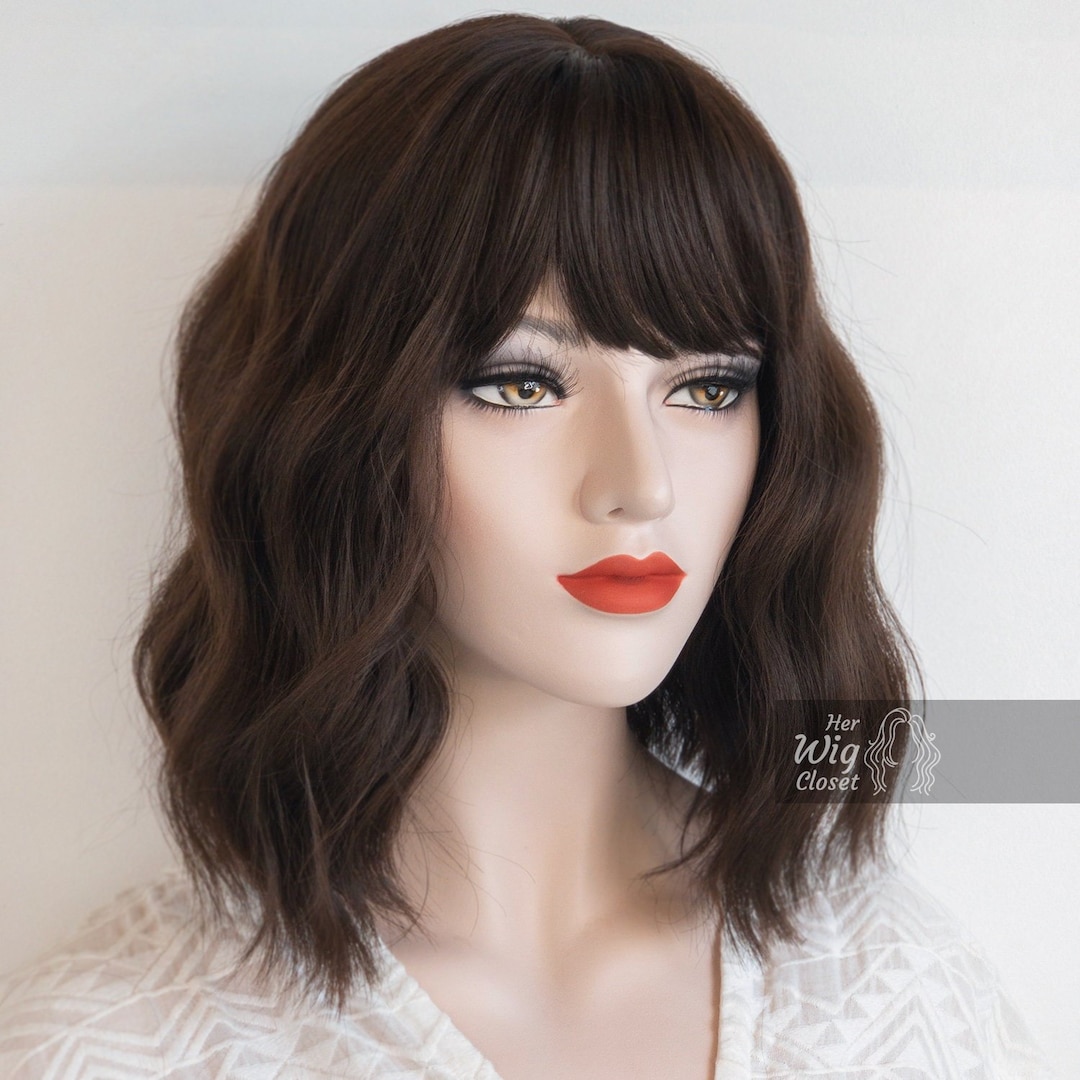 Brunette Wig With Bangs Medium Brown Wig Wavy Bob Wig Party Hair Loss