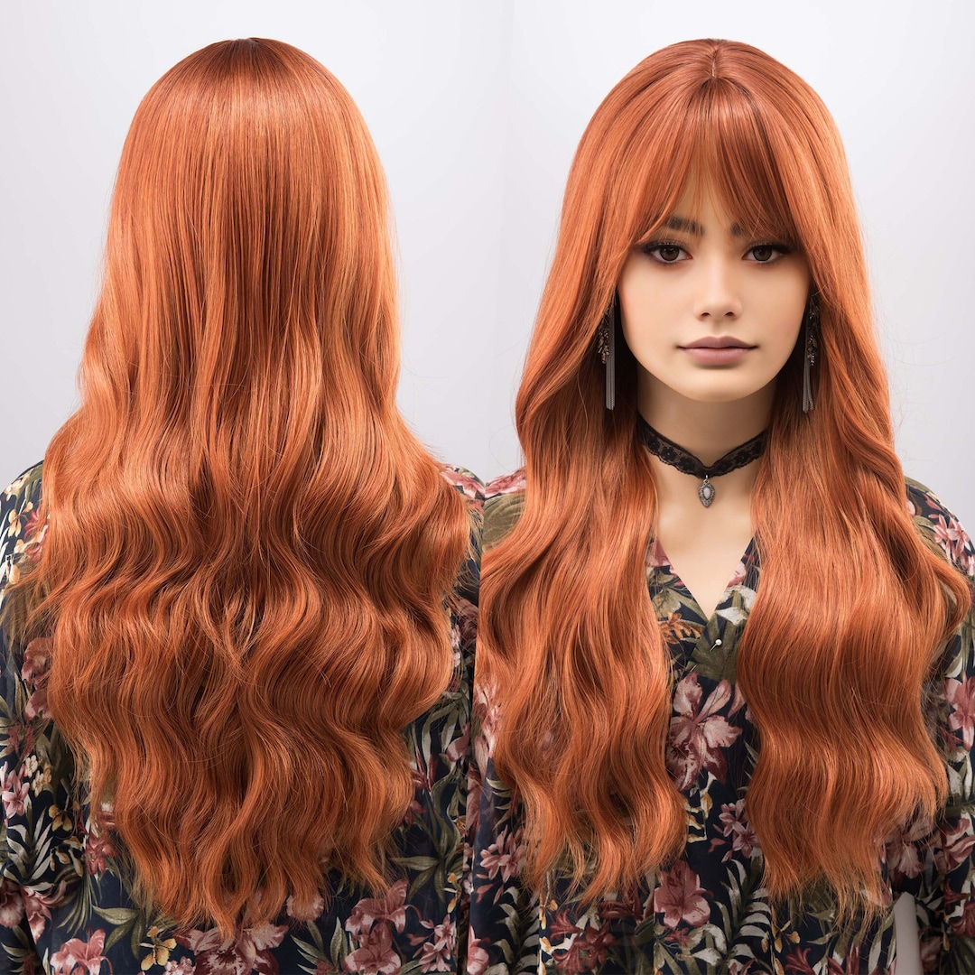 Ginger Wig With Bangs Long Wavy Wig Orange Copper Wig Cosplay Wig Party ...