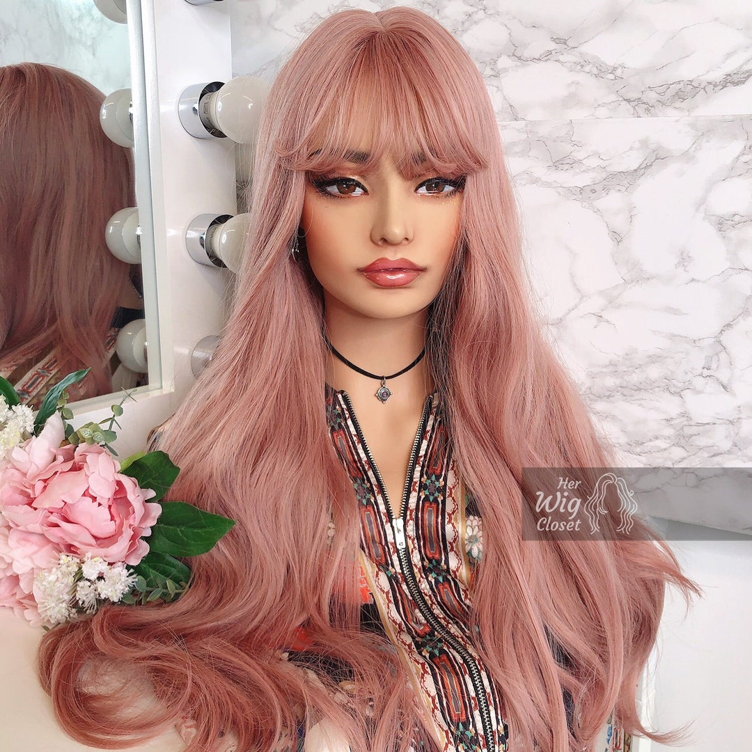 Sakura Pink Wig Rose Hair Pastel Pink Wig With Bangs Long Wavy Hair ...