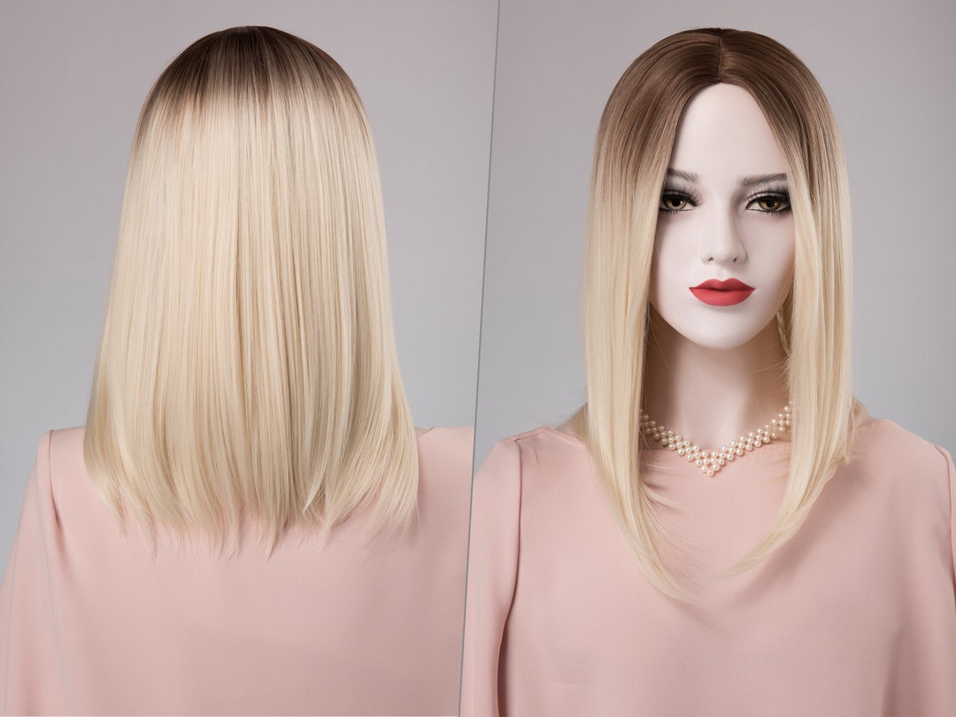 Ombre Ice Blonde Wig Dark Root Straight Hair Blunt Cut Bob Wig Cosplay ...