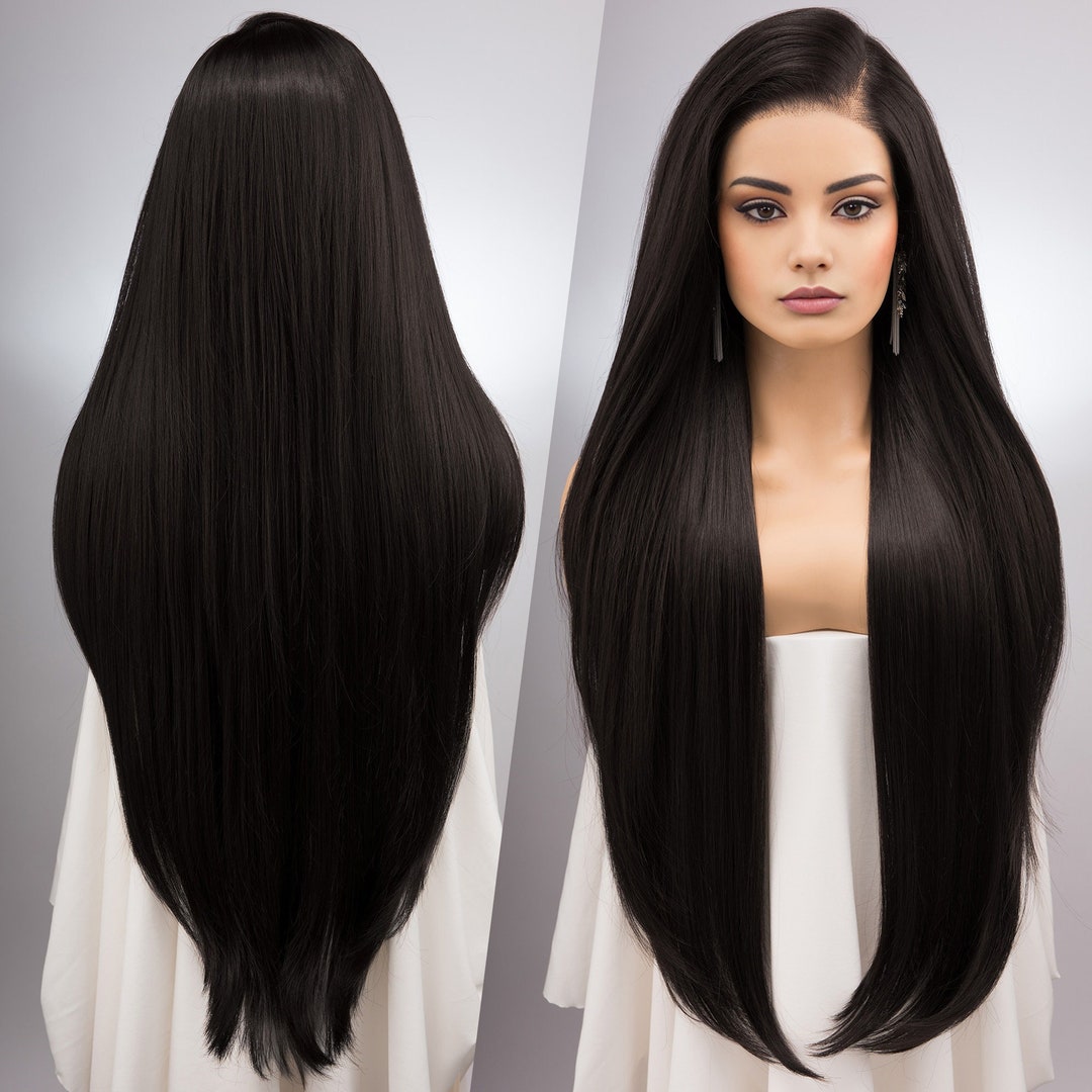 Natural Black Wig Long Straight Dark Brown Wig 13 X 6 Large Lace Top ...