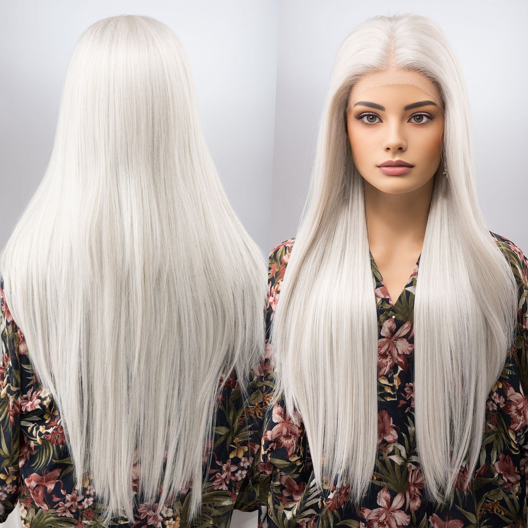 Icy Pearl White Wig Silver Gray Wig Straight Layered Grey Wig Drag ...