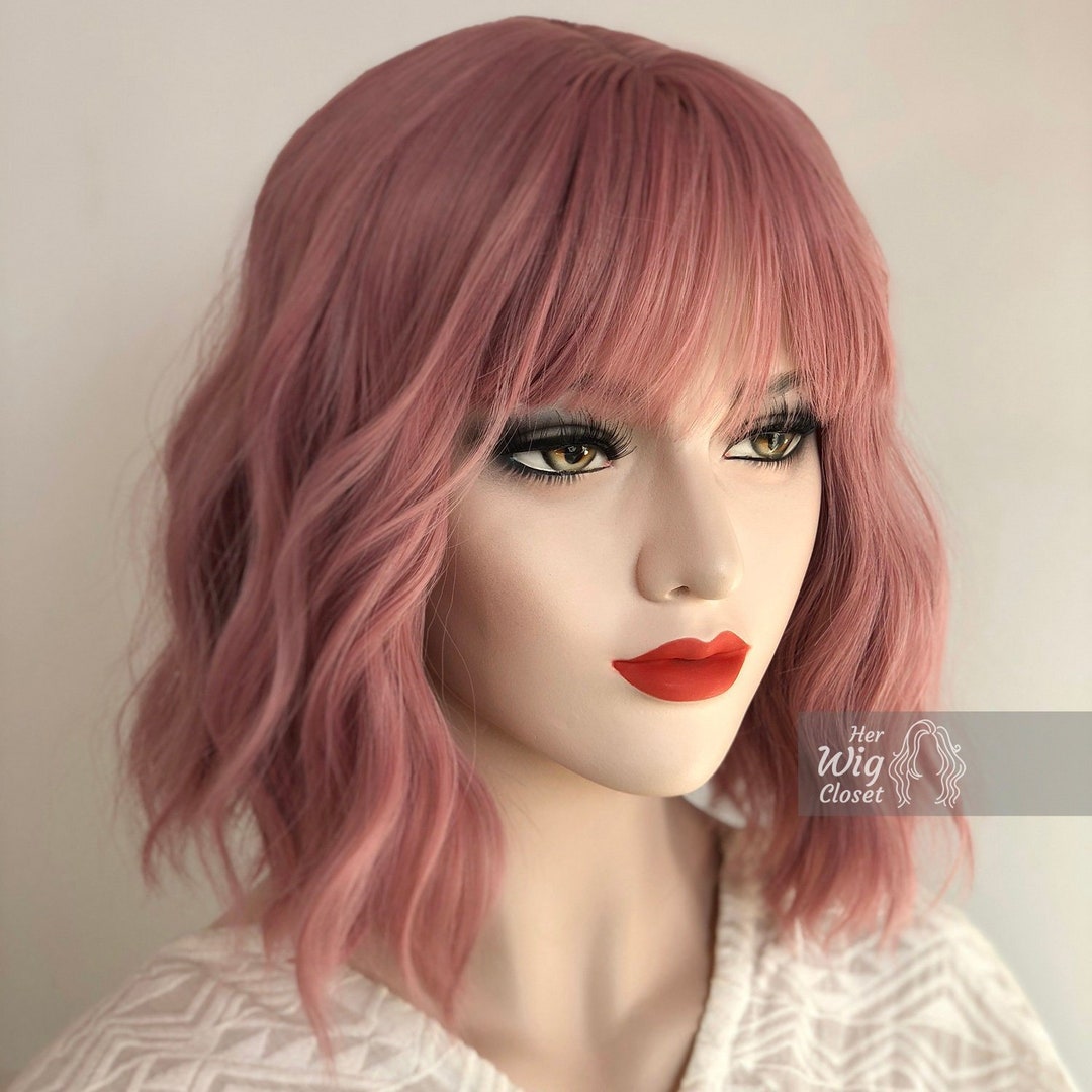 Dusty Rose Pink Wig Wavy Hair Bob Wig With Bangs Pink Cosplay Wig Party ...