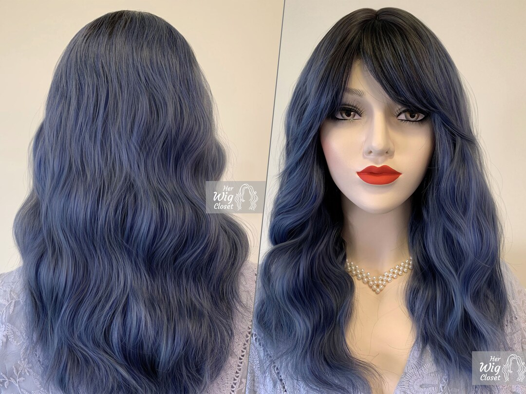 Dark Brown Ash Blue Gray Ombre Wavy Wig With Bangs Her Wig - Etsy