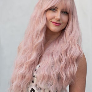 Ombre Pink Wig With Bangs Long Wavy Pink Wig Cosplay Wig Pink Brown to ...