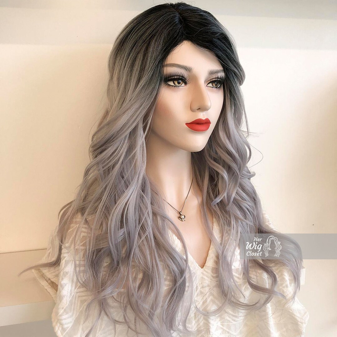 Silver Ombre Wig With Dark Roots Long Silver Wavy Wig Karlie - Etsy