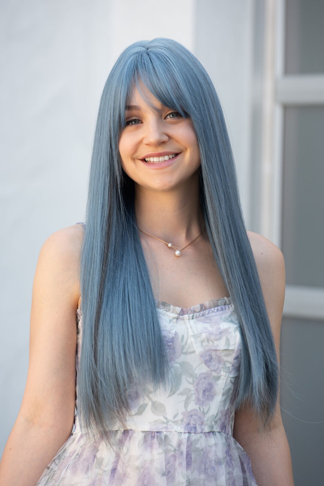 Ash Blue Wig With Bangs Blue Wig With Black Highlights Long Straight ...