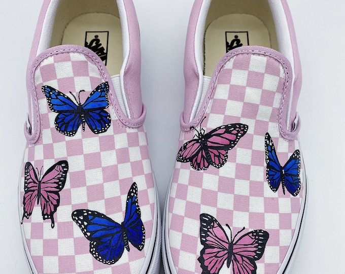 Checkerboard Monarch Butterfly Custom Vans Brand Slip-on Shoes - Etsy ...