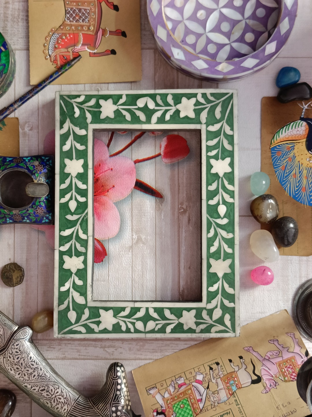 Handcrafted Green Camel Bone Inlay Picture Frame: Floral Home Decor - Etsy