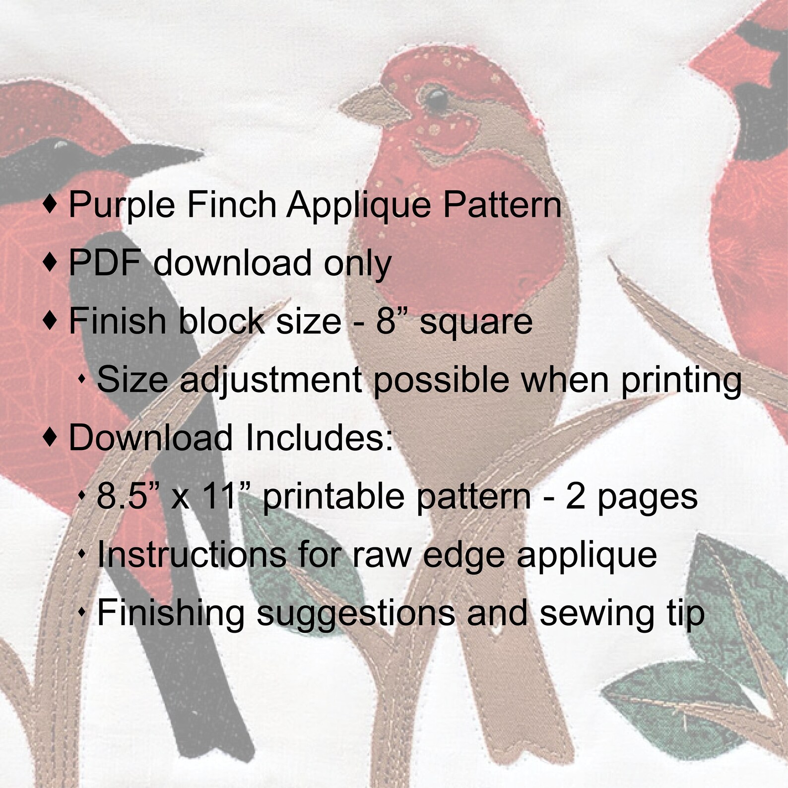 Purple Finch - Bird Quilt Pattern - PDF Download - Etsy