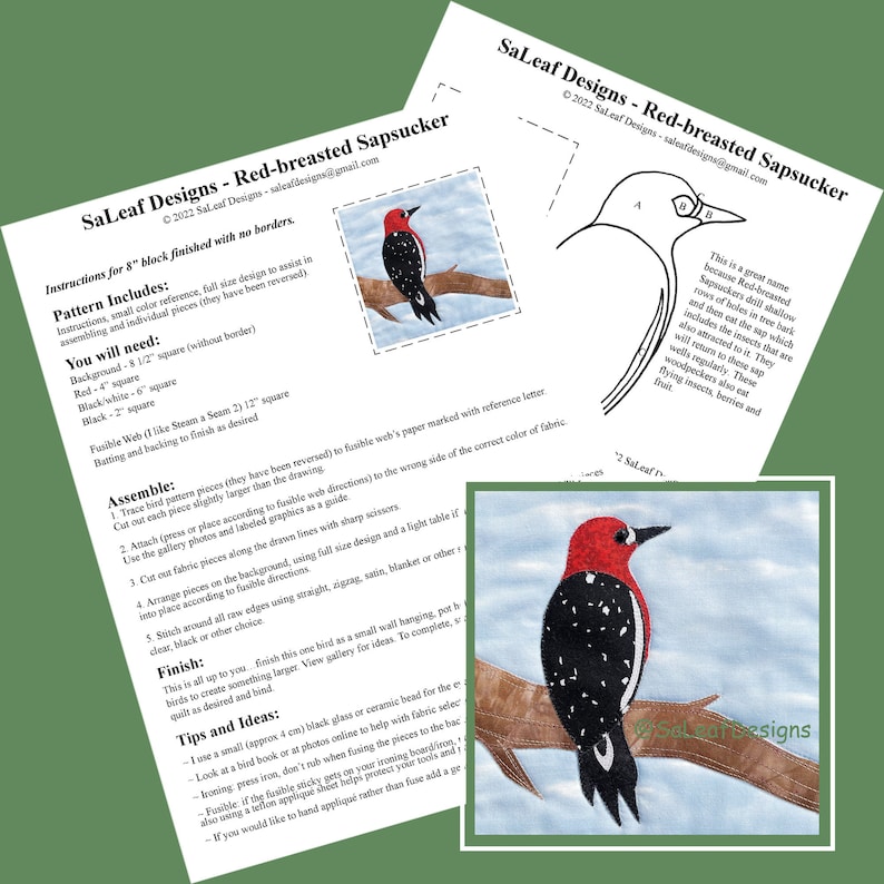 Red-breasted Sapsucker Woodpecker Bird Quilt Applique Pattern PDF ...