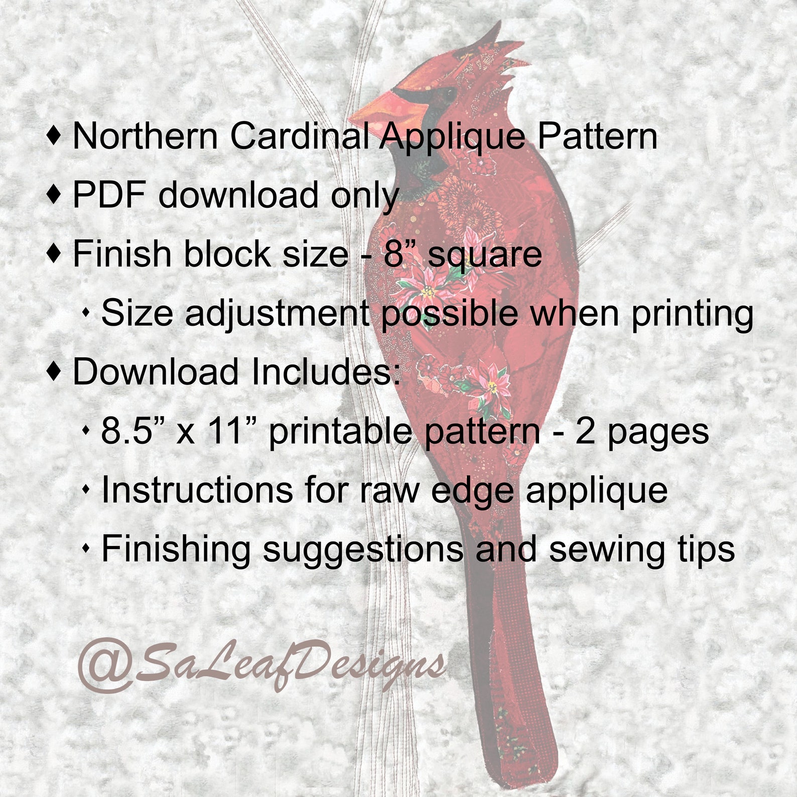 Northern Cardinal Bird Applique Quilt Pattern Digital Download - Etsy