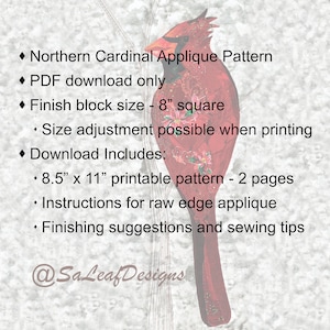 Northern Cardinal - Bird Applique Quilt Pattern - Digital Download - Etsy