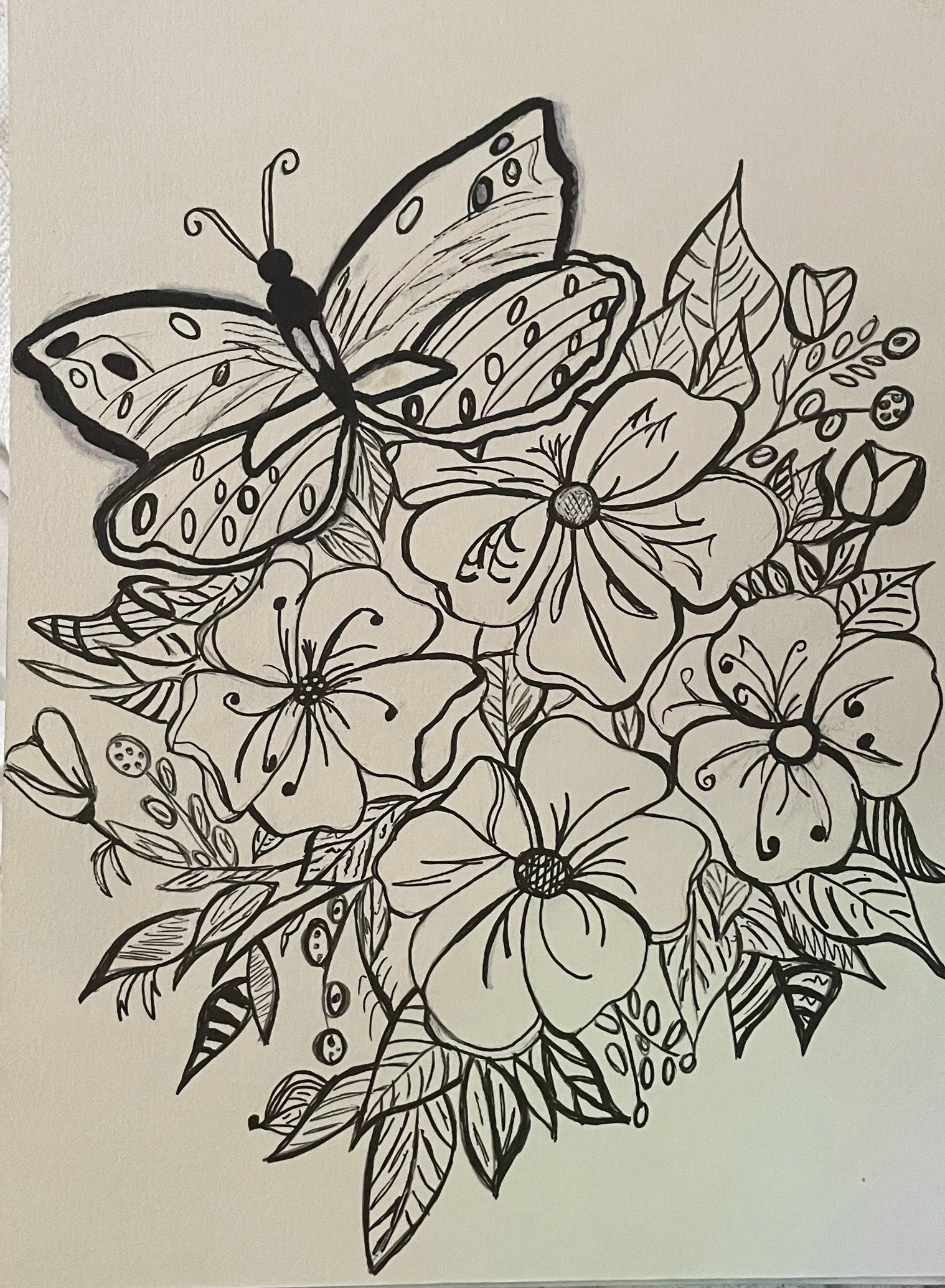 Beautiful Monochromatic Hand Drawn One of a Kind Floral Design W ...