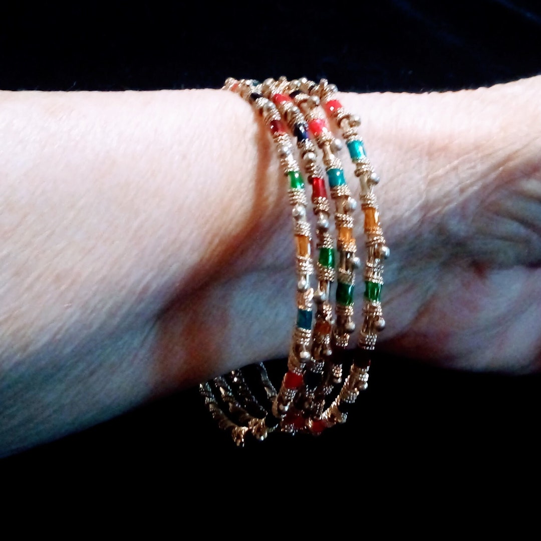 1990s Multicolored Enameled and Goldtone Metal Bangle Bracelets, Lot of ...