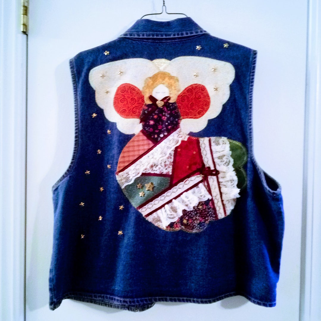 1990s Handmade Appliqued Angel Denim Vest by Spirited Hearts, Size L ...
