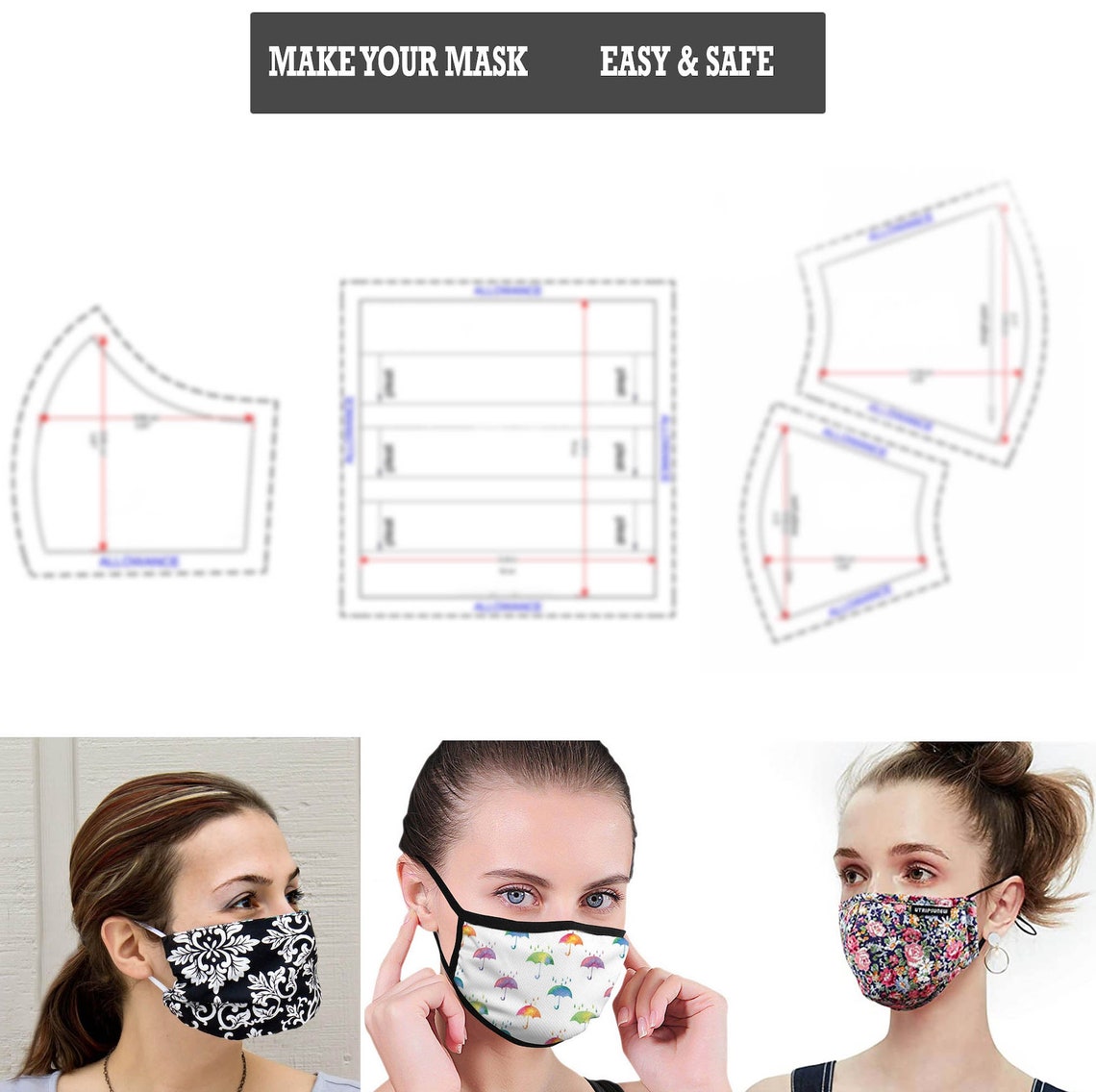 Face Mask Sewing Patterns 04 Designsfull & Easy Guide Step | Etsy