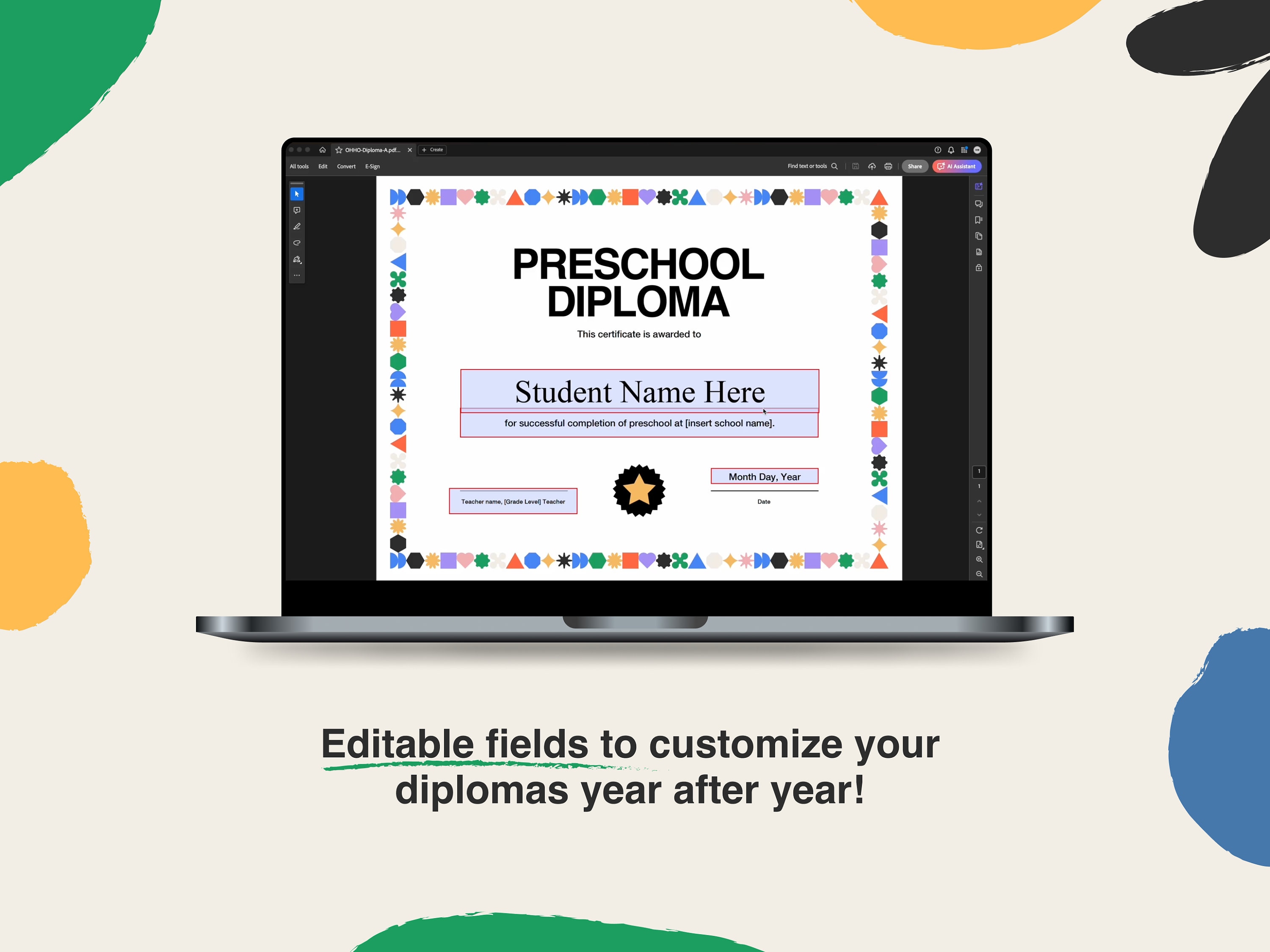 Pre-k, Preschool Diploma Printable Template, NO CUTTING, Customizable ...