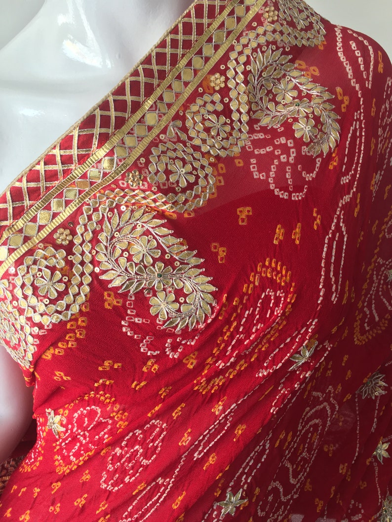 Red Bandhani Chunari Saree Hand Crafted Gotta Patti Embroidery - Etsy