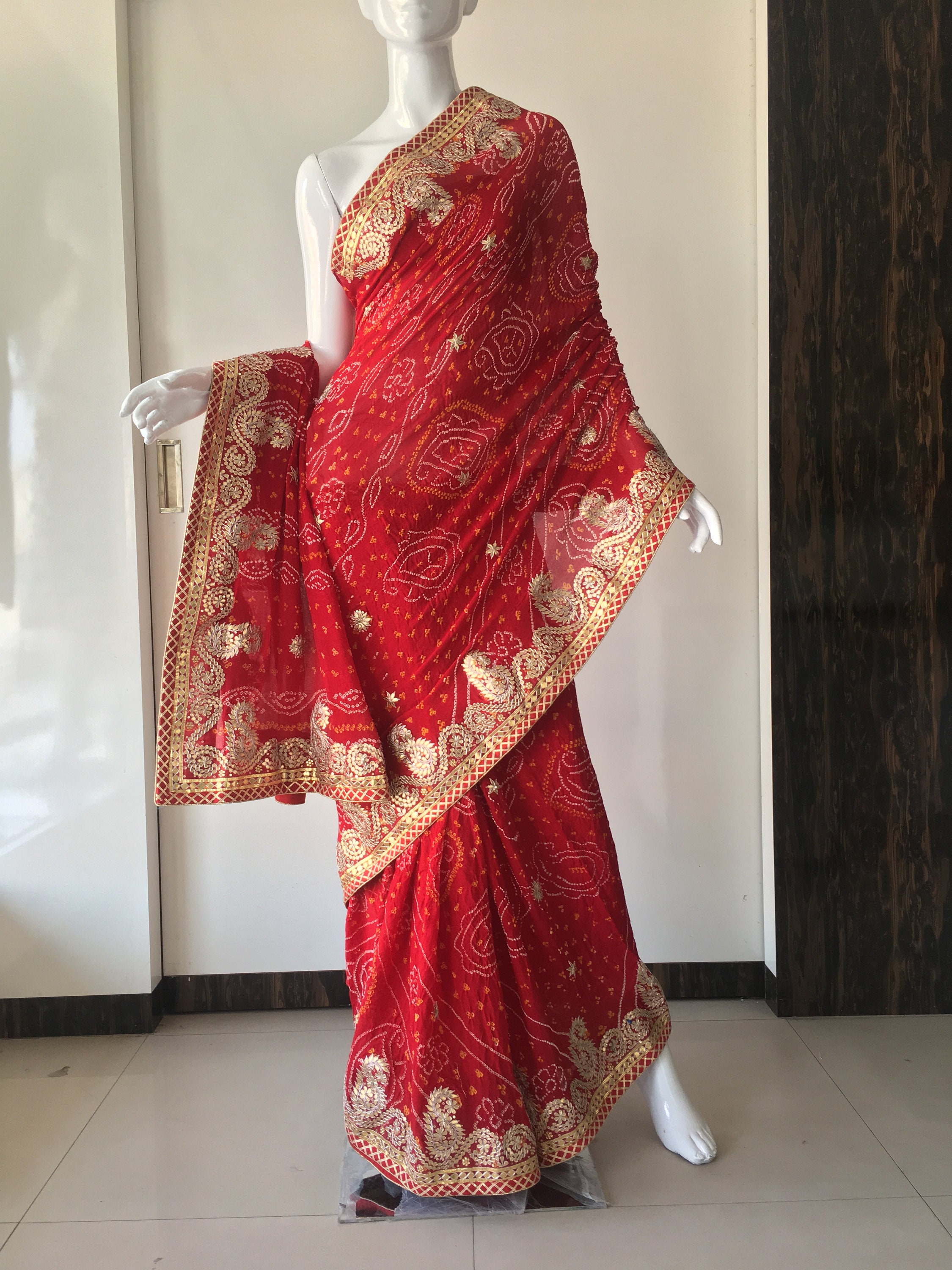 Red Bandhani Chunari Saree Hand Crafted Gotta Patti Embroidery - Etsy