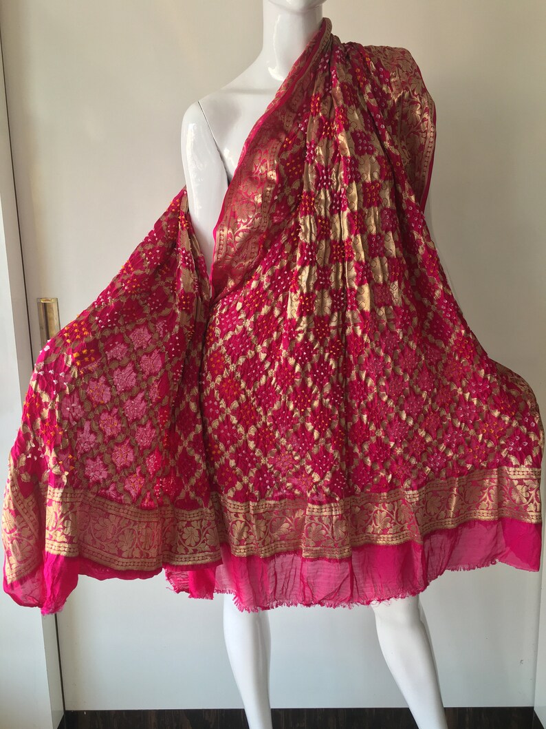 Pink Banarasi Silk Gold Zari Bridal Handmade Bandhani Golden Dupatta ...