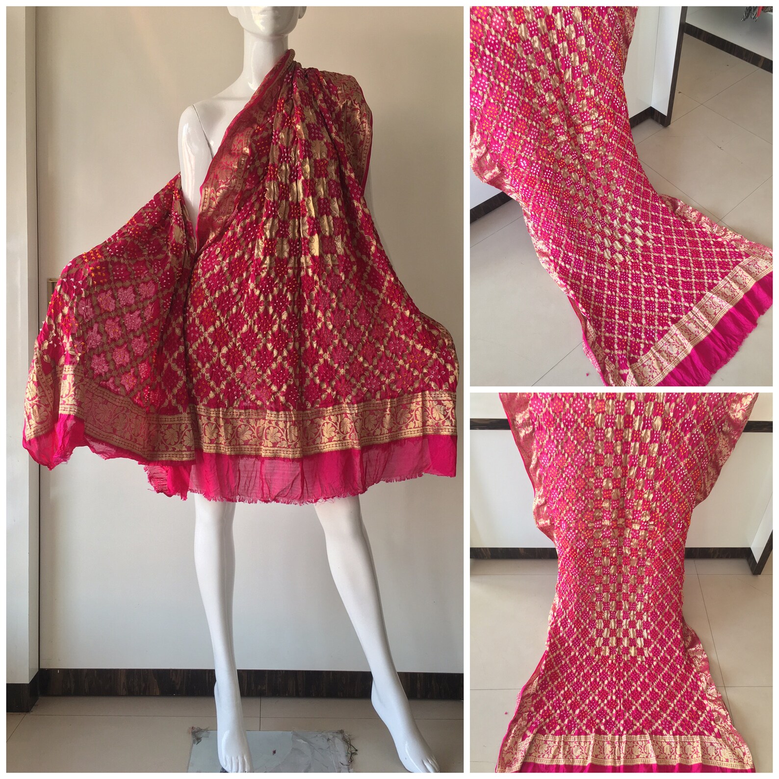 Pink Banarasi Silk Gold Zari Bridal Handmade Bandhani Golden Dupatta ...