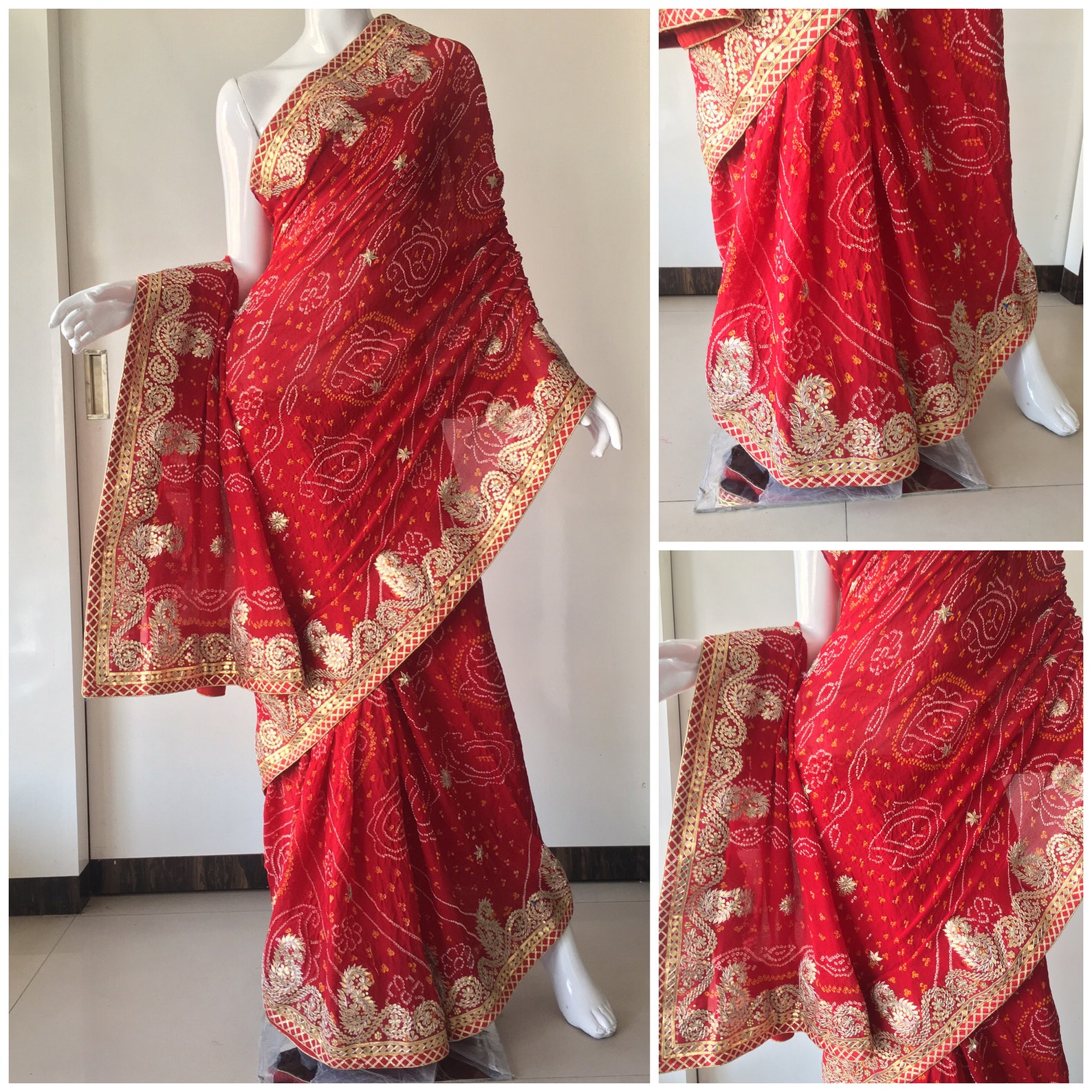 Red Bandhani Chunari Saree Hand Crafted Gotta Patti Embroidery - Etsy