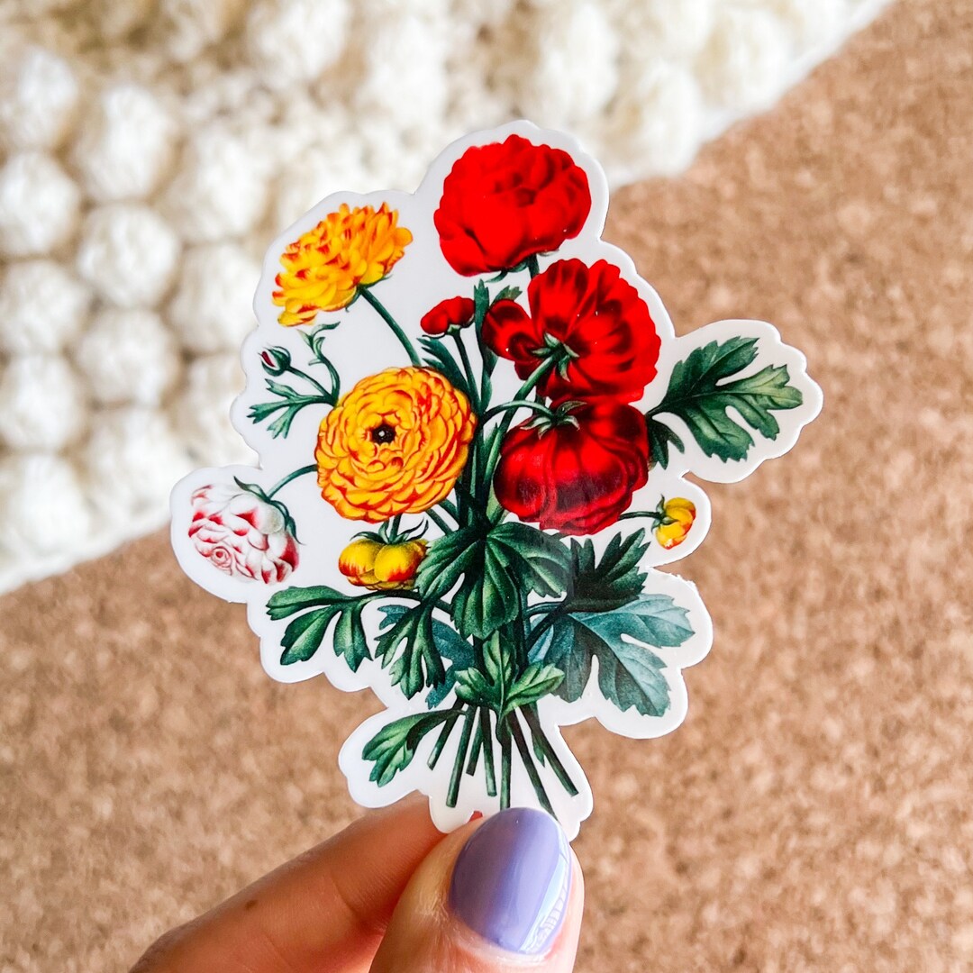 Vintage Bouquet Vinyl Sticker, Illustrated Flower Sticker, Flower ...