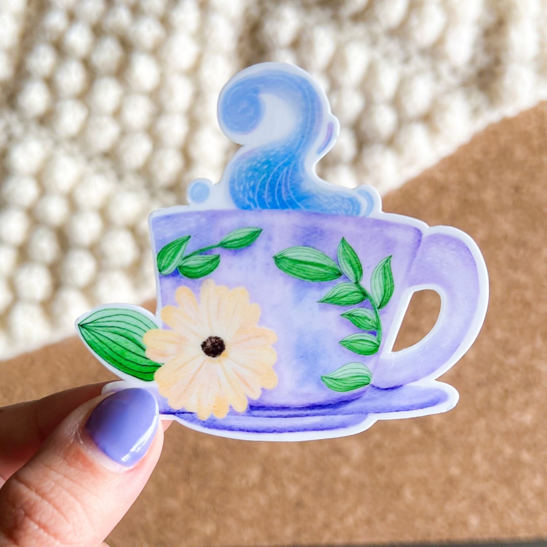 Sticker Purple Floral Teacup, Vinyl Sticker, Floral Decals, Waterproof ...