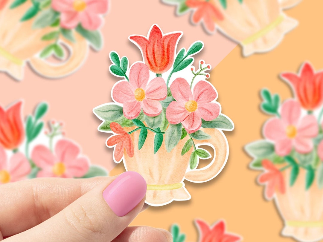 Sticker Pink and Orange Teacup, Vinyl Sticker, Floral Decal, Waterproof ...