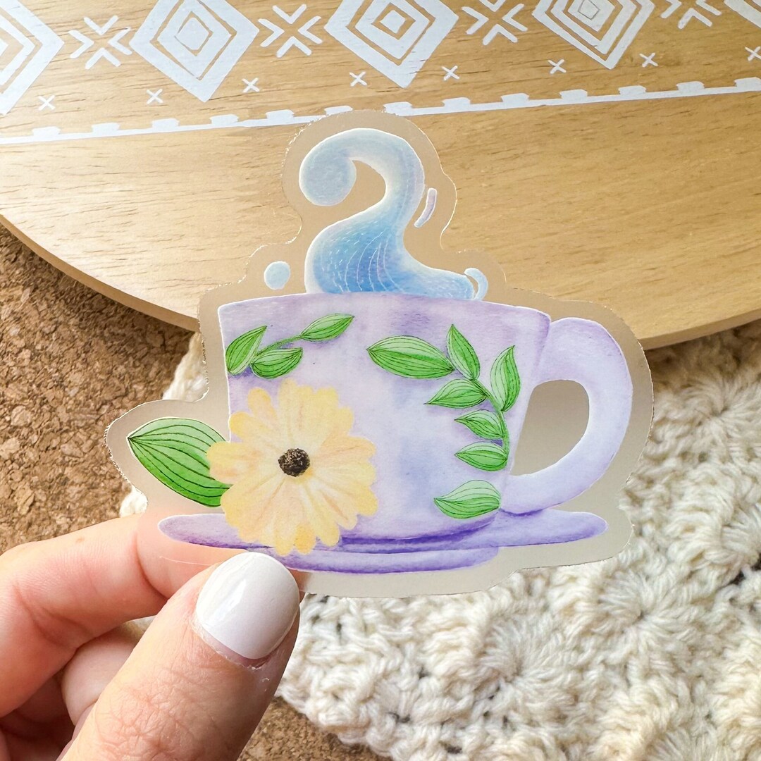 Purple Floral Teacup Clear Sticker, Clear Stickers, Laptop Stickers ...