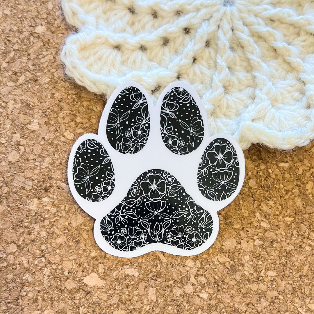 Floral Paw Print Black Vinyl Sticker, Dog Stickers, Aesthetic Stickers ...