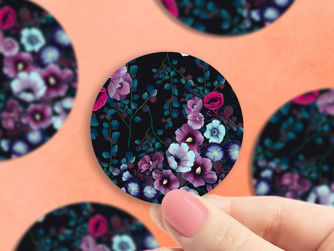 Dark Floral Circle Vinyl Sticker, Floral Designs, Flower Stickers ...
