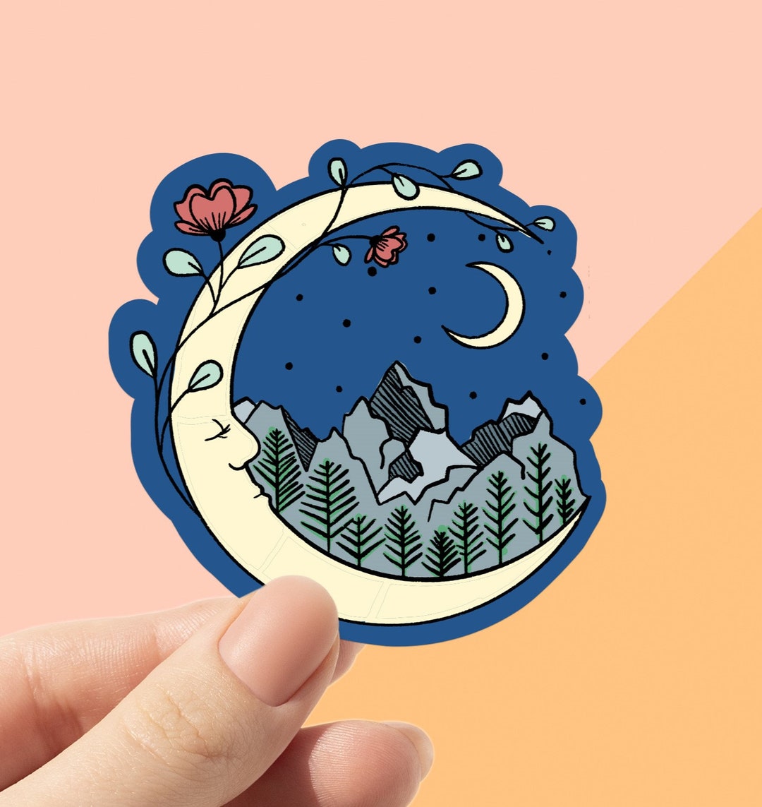 Mountain Moon Vinyl Sticker, Moon Stickers, Sleeping Moon, Trendy ...