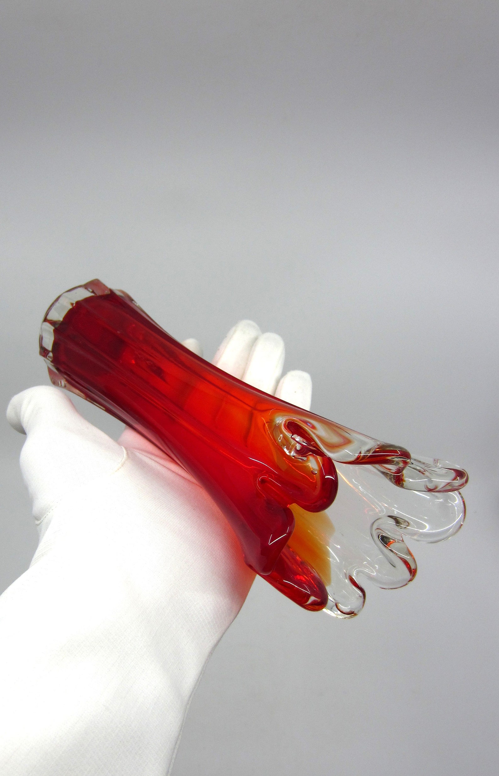 Vintage Red / Orange / Clear Glass Vase Oread? Japan? 1970s Organic ...