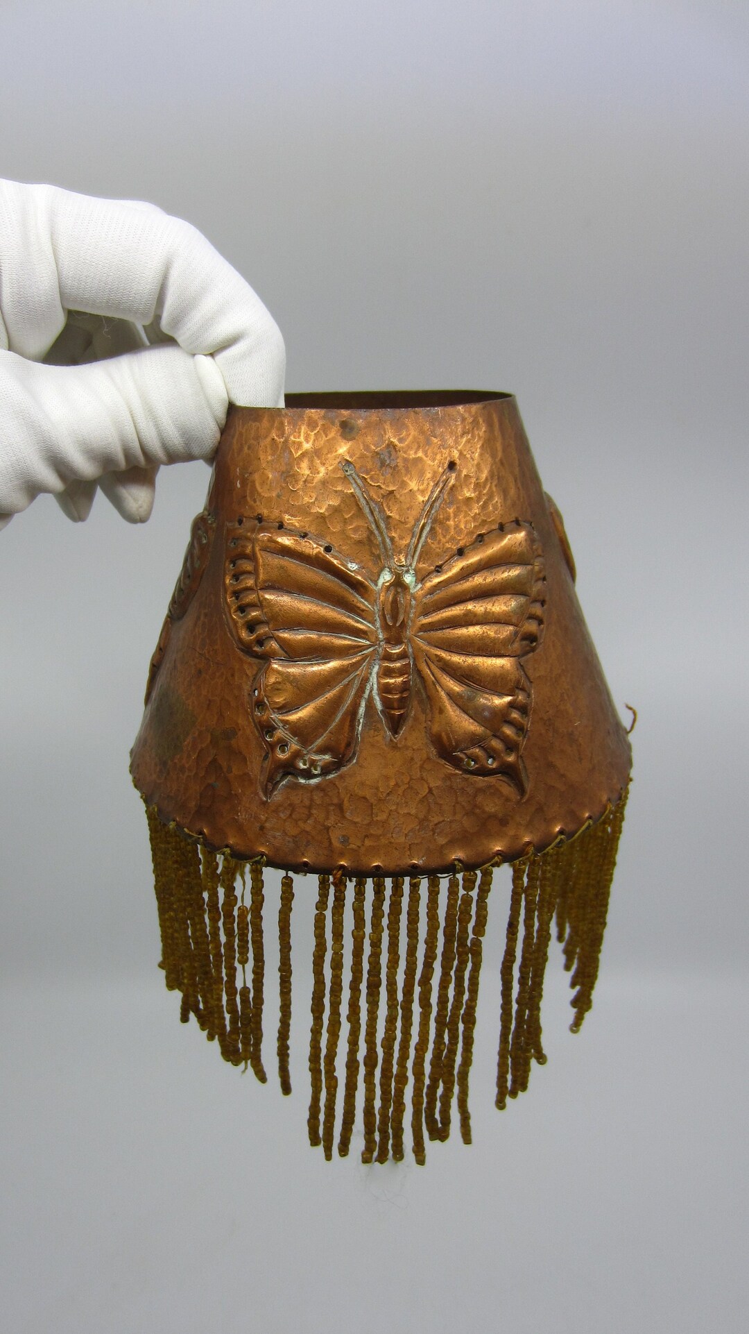 Small Antique Hand Crafted Copper Lamp Shade Original Beaded Fringe ...