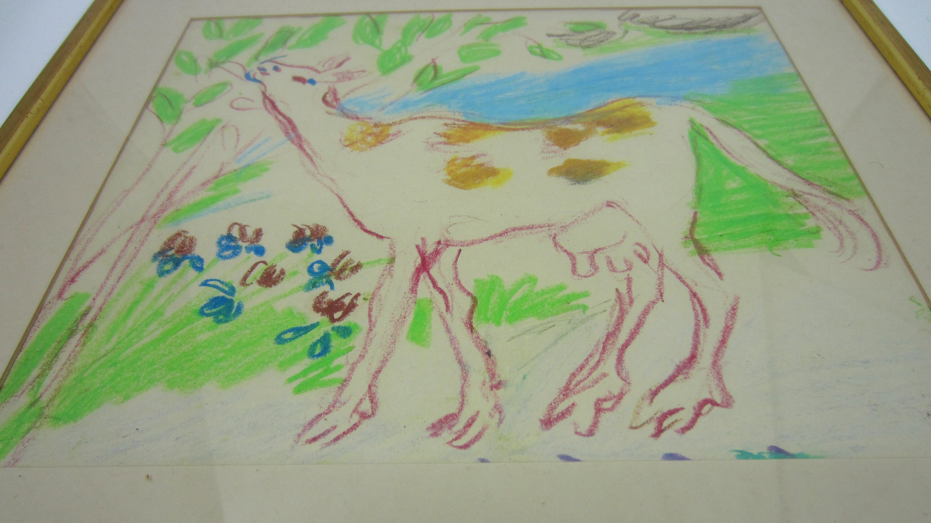 Vintage Mischievous & Fun Cow Pastel Drawing 1930s? Framed in Stockholm ...