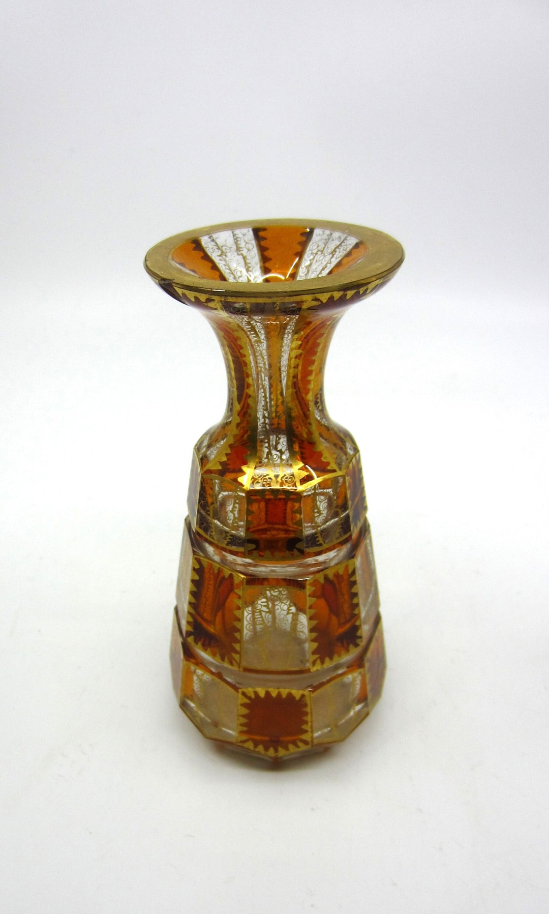 Antique / Vintage Bohemian Clear & Amber Cut Glass Vase Hand Painted ...