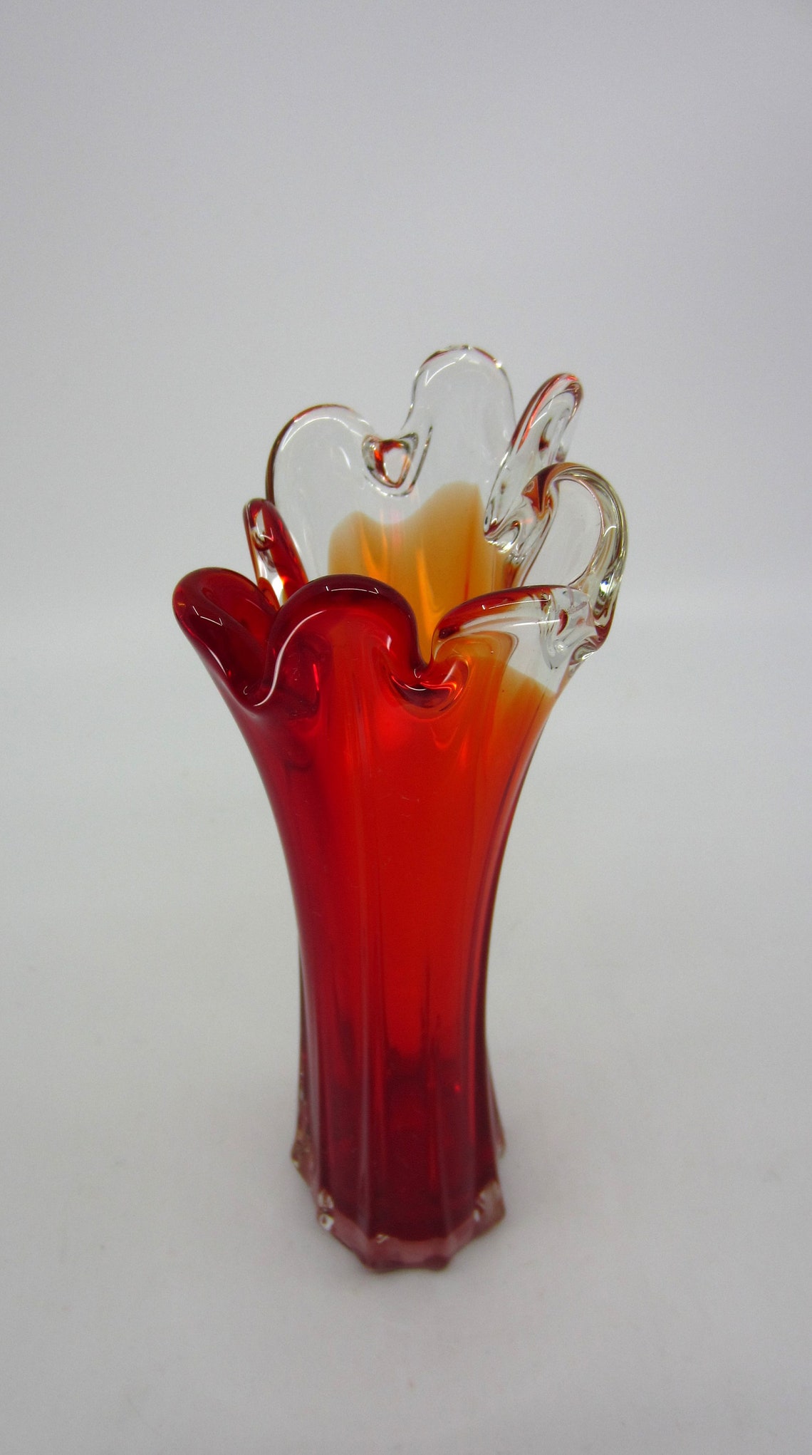 Vintage Red / Orange / Clear Glass Vase Oread? Japan? 1970s Organic ...