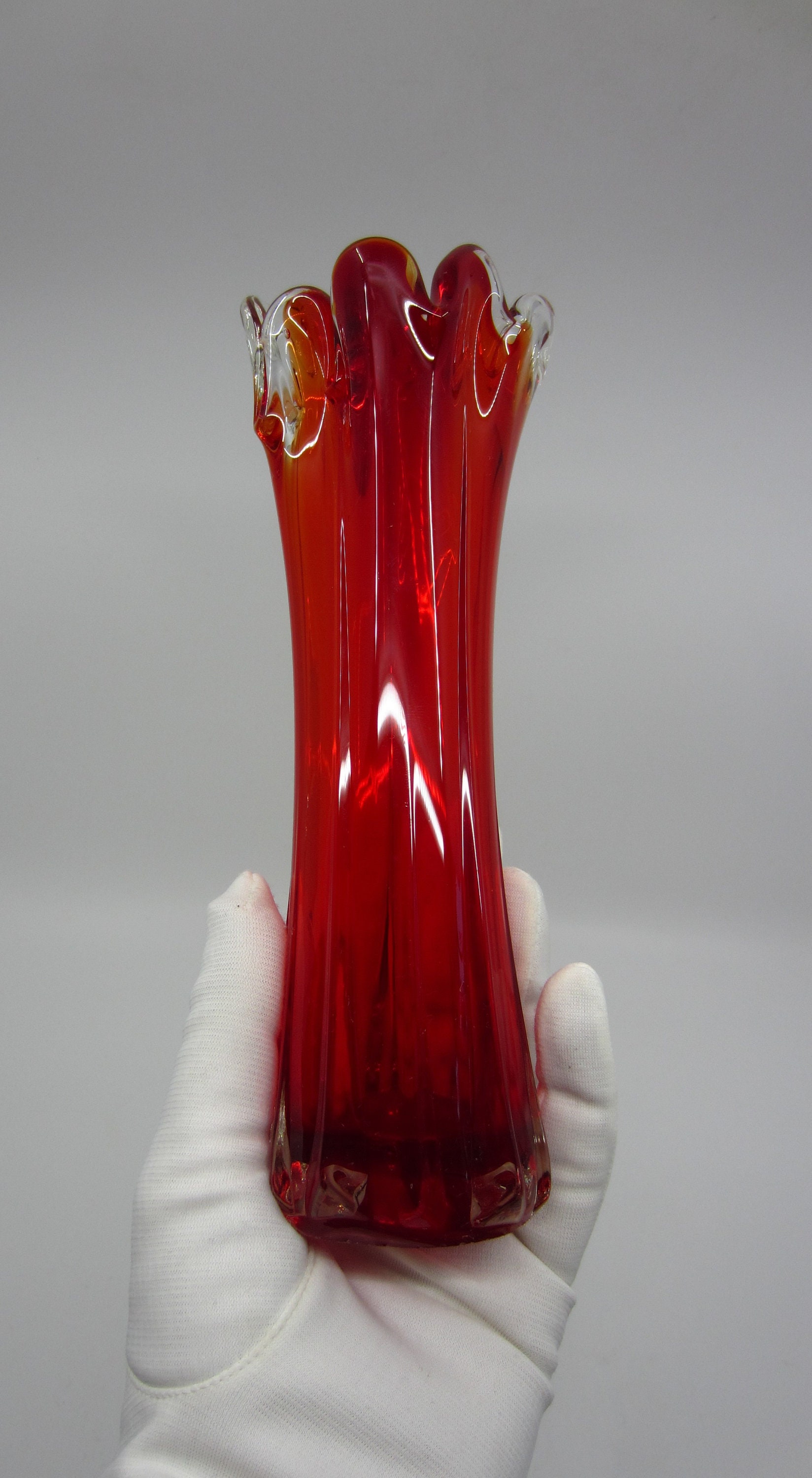 Vintage Red / Orange / Clear Glass Vase Oread? Japan? 1970s Organic ...