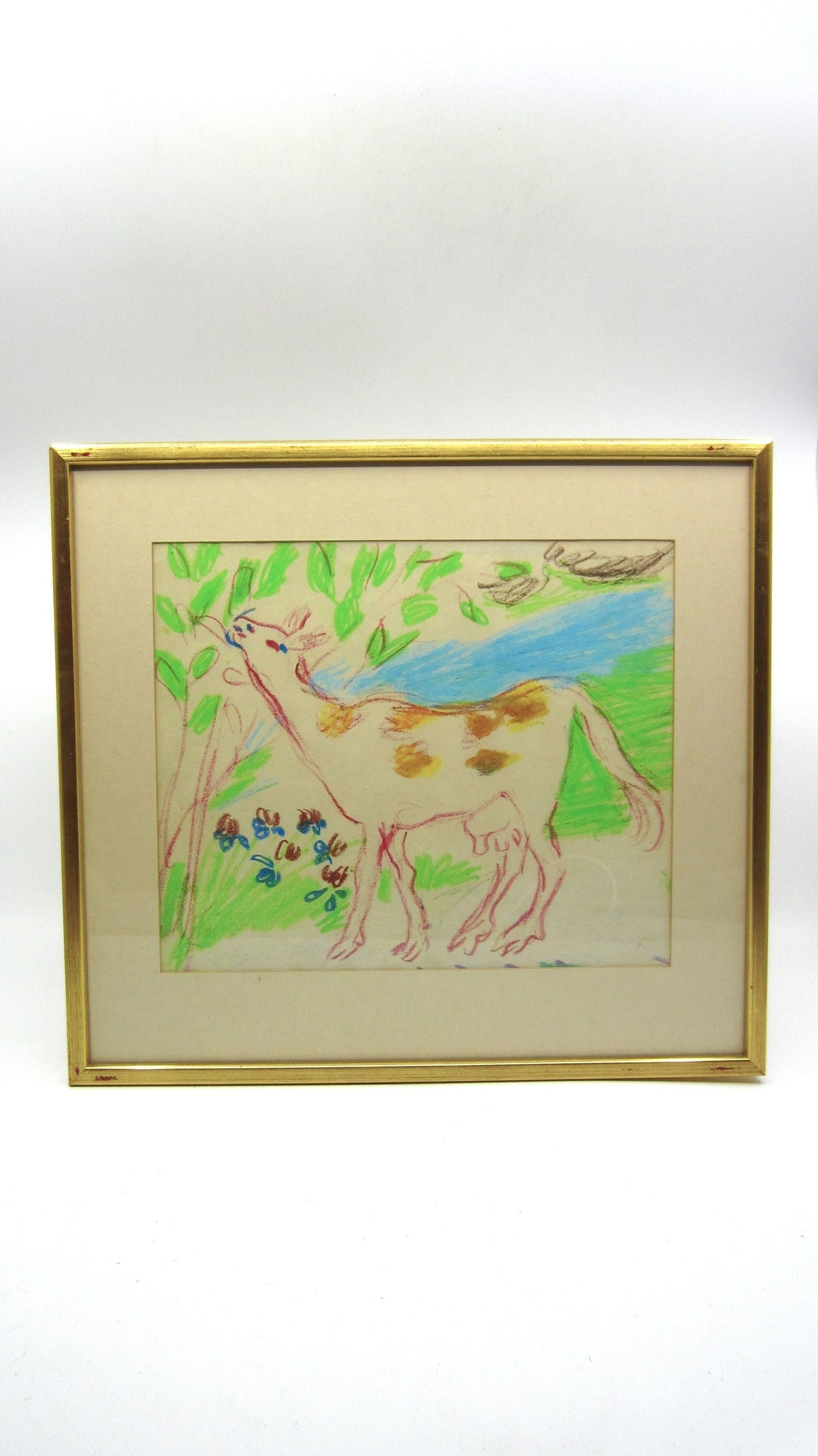 Vintage Mischievous & Fun Cow Pastel Drawing 1930s? Framed in Stockholm ...
