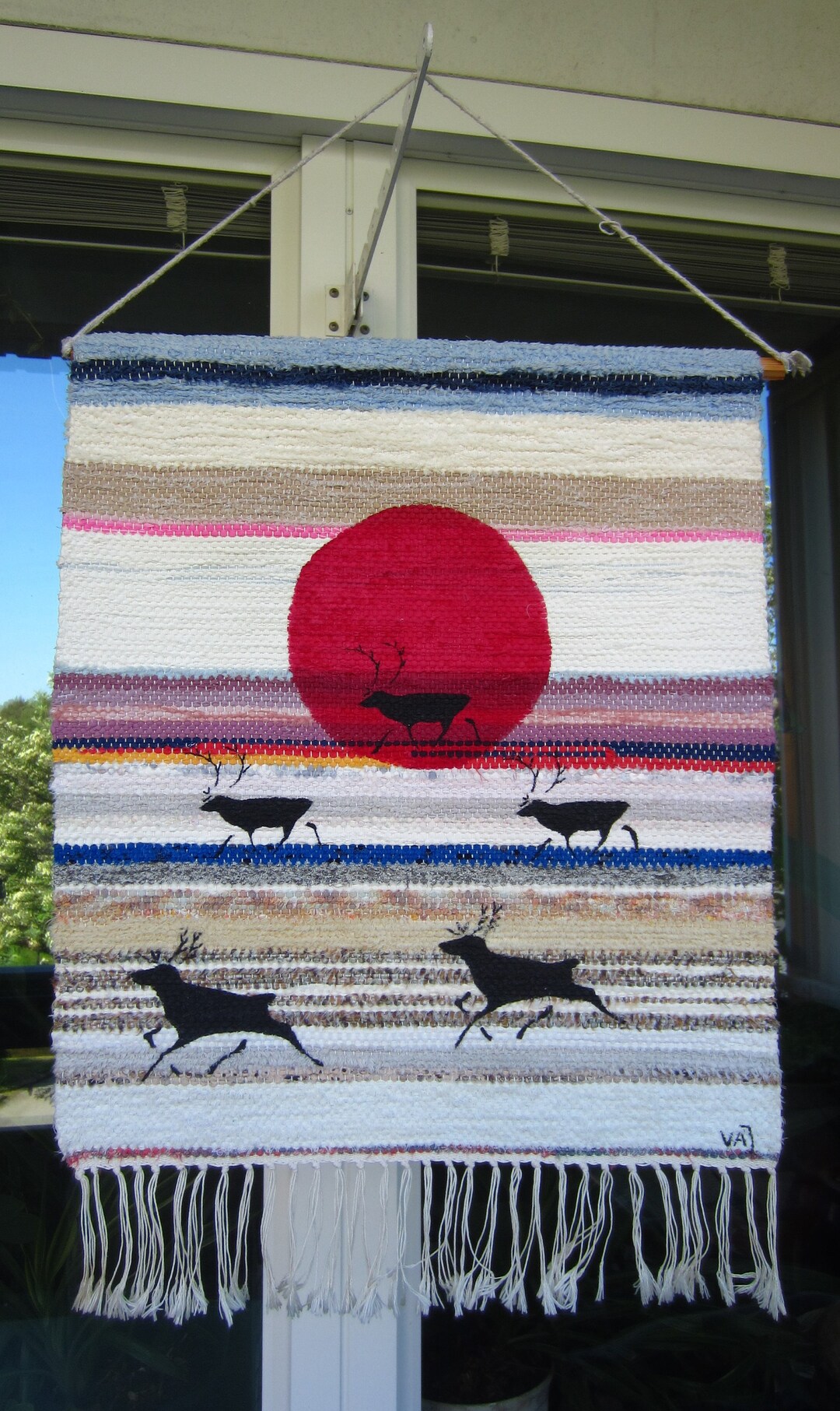 Vintage Swedish Large Hand Woven Rag Rug Wall Decoration Reindeer and ...