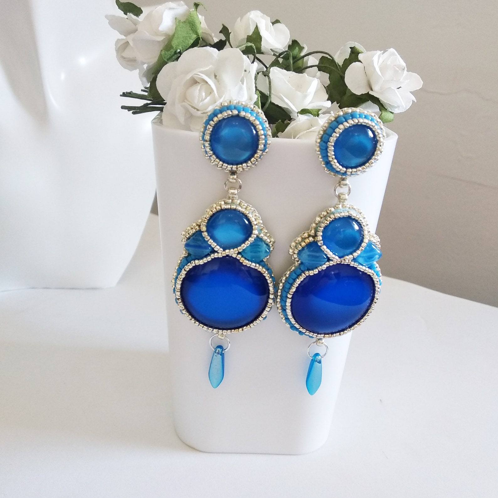 Blue Statement Earrings Long Blue Earrings Blue Beaded - Etsy