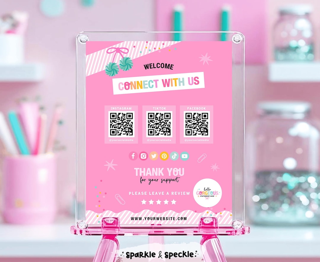Editable QR Code Sign Template: Canva Pink Social Media Display ...