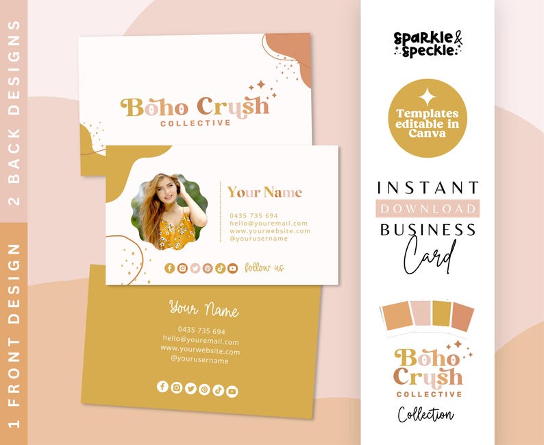 Boho Business Card Template - Editable Canva Design in Mustard and ...
