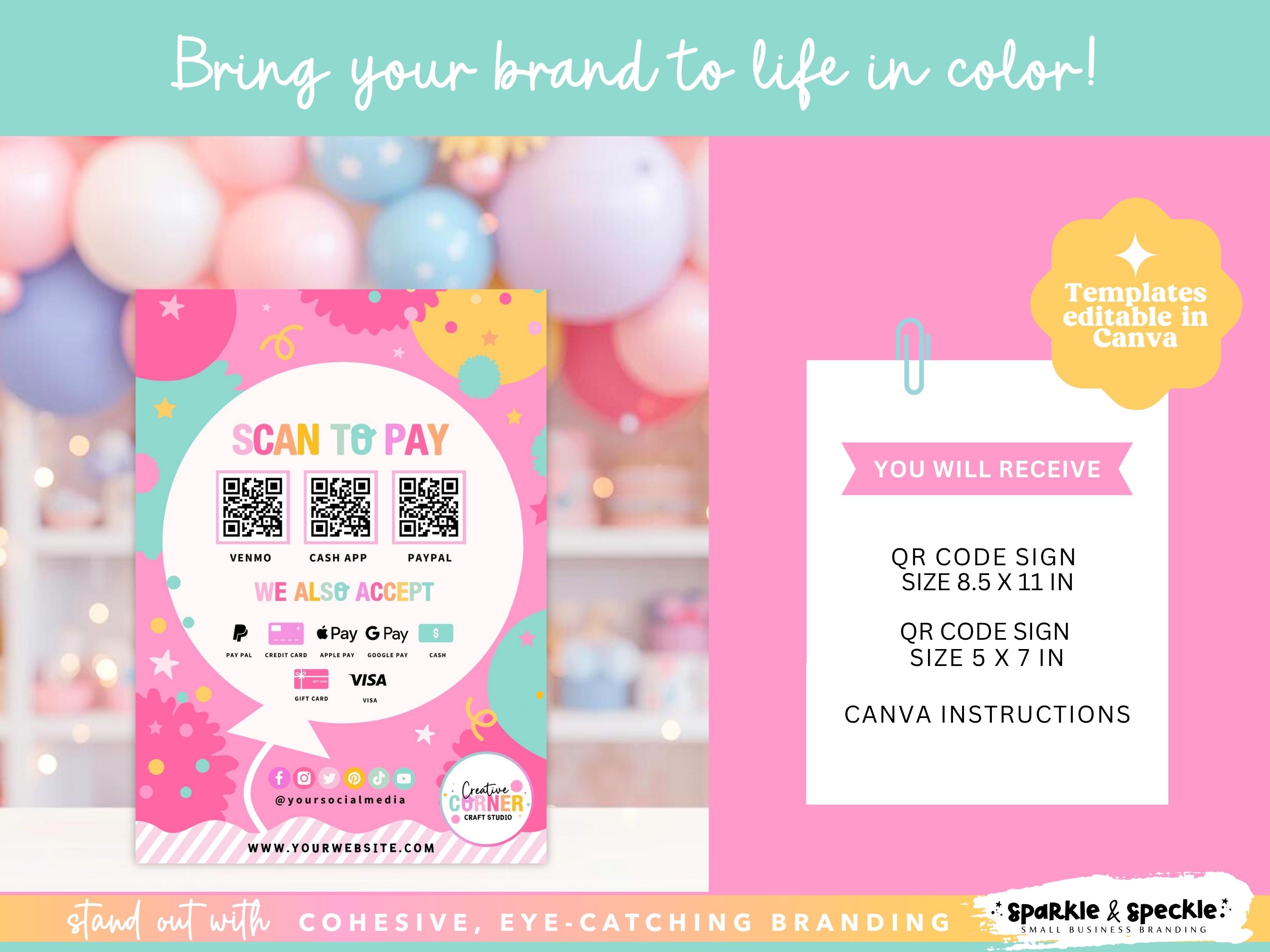 Editable QR Code Payment Sign Template for Canva: Bright Colorful ...